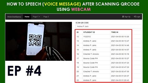 ep4 how to read qr code using webcam scanner speech voice message if successfully time in