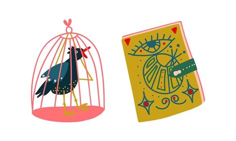 Libro mágico y pájaro en jaula como objeto de brujería para hechizos y