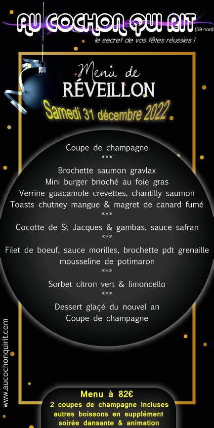 Menu du réveillon samedi 31 décembre 2022 Au Cochon Qui Rit