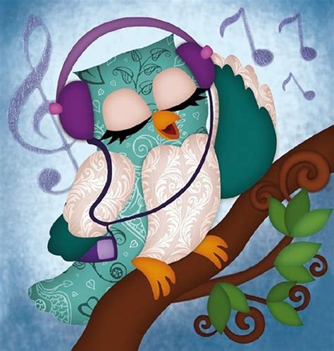 An Owl With Headphones Is Sitting On A Tree Branch And Listening To