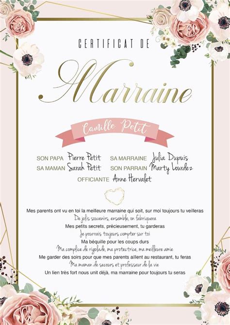 Cadeau marraine Souvenir Baptême Affiche certificat personnalisé