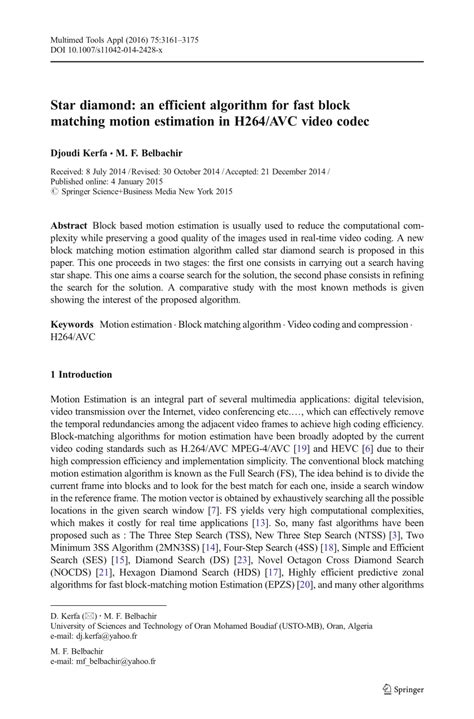 pdf star diamond an efficient algorithm for fast block matching motion estimation in h264 avc