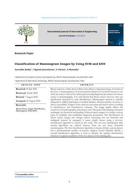 pdf classification of mammogram images by using svm and knn