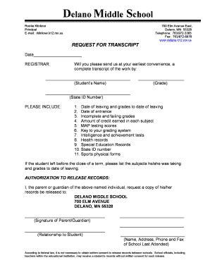 Fillable Online Delano K12 Mn Transcript Request Form 1 Delano High
