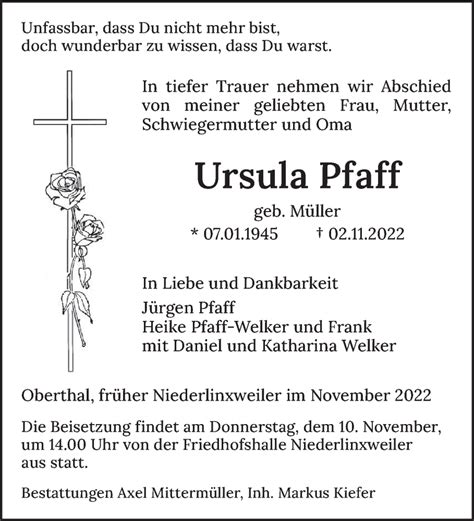 Traueranzeigen Von Ursula Pfaff Saarbruecker Zeitung Trauer De