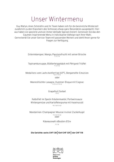 Speisekarte Restaurant Schloss Bottmingen In Bottmingen