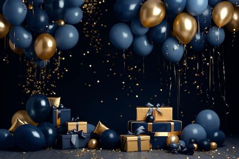 Cumpleaños celebración de año nuevo fondo globos azules y dorados