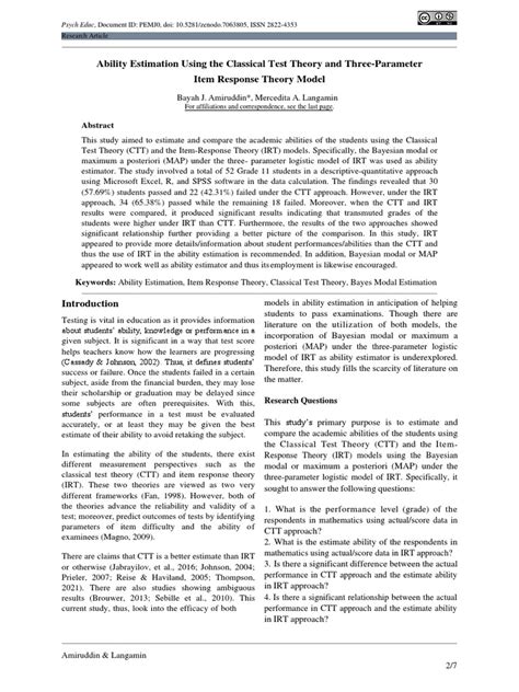 ability estimation using the classical test theory and three parameter item response theory