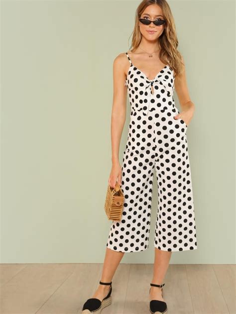 Polka Dot Jumpsuit With Front Bow Shein Sheinside Polka Dot