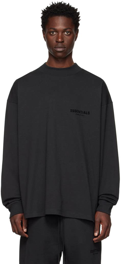 販売安い ESSENTIALS Black Flocked Long Sleeve T Shirt 発送地国内 gorgas gob pa