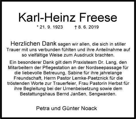 Traueranzeigen Von Karl Heinz Freese Nordwest Trauer De