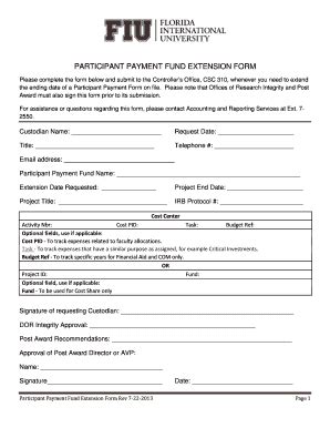 Fillable Online Finance Fiu Participant Payment Fund Extension Form