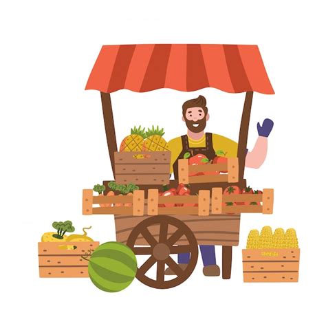 Vendedor Ambulante Con Puesto Con Frutas Y Verduras Negocio Local De