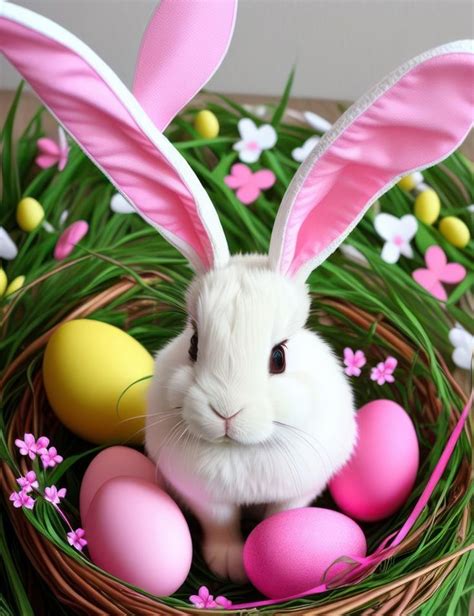 A White Rabbit Sitting In A Basket Filled With Pink And Yellow Eggs On