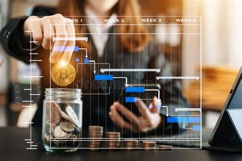 Businesswoman Holding Coins Putting In Glass With Using Smartphone And
