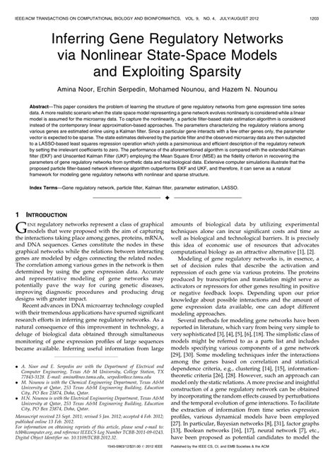 pdf inferring gene regulatory networks via nonlinear state space models and exploiting sparsity