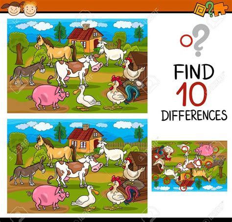 Cartoon Illustration Of Finding Differences Educational Game For
