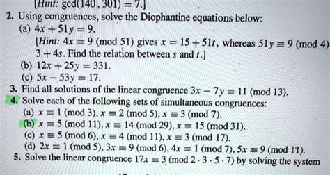 solved [hint gcd 140 301 7 ] 2 using congruences solve the diophantine equations below