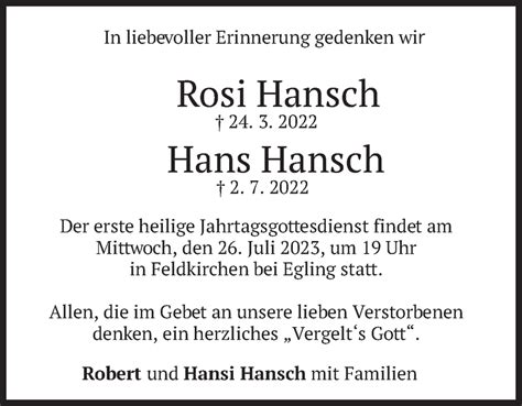 Traueranzeigen Von Rosi Und Hans Hansch Trauer Merkur De