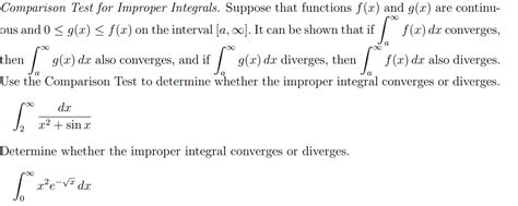 solved comparison test for improper integrals suppose that