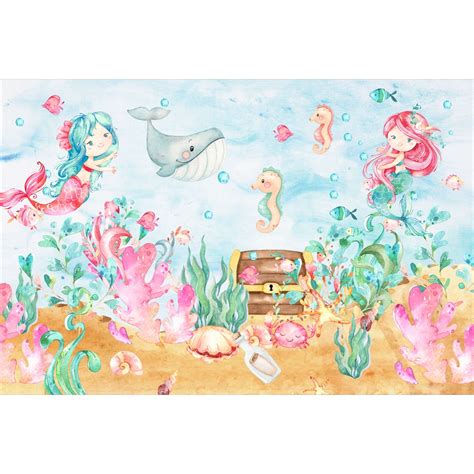 Painel De Festa De Lona Fundo Do Mar Aquarela Sereia E Peixes Ba Do