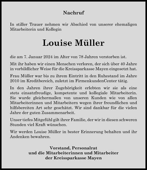 Traueranzeigen von Louise Müller rz trauer de