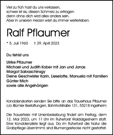 Traueranzeigen Von Ralf Pflaumer Vrm Trauer De