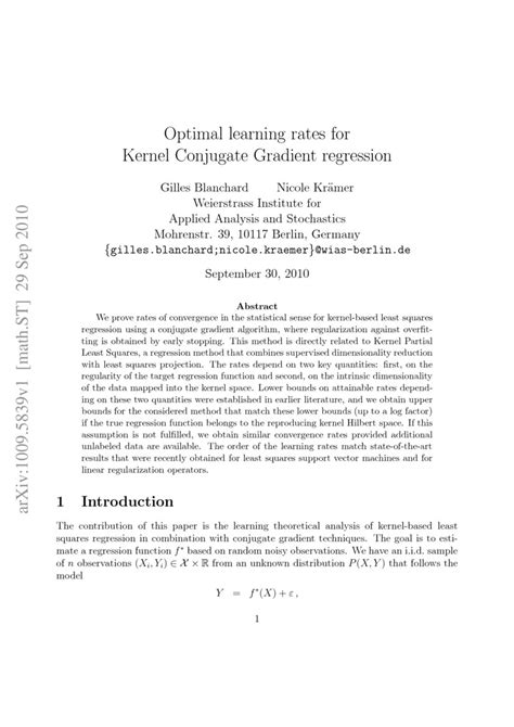 optimal learning rates for kernel conjugate gradient regression deepai