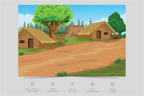 Indian Village Background Illustration Rural Mountain Landscape And