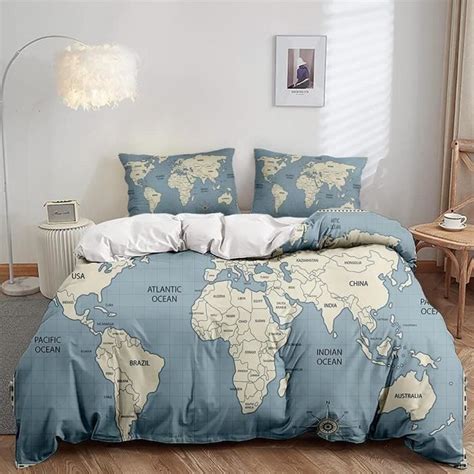 Housse De Couette Carte Du Monde Bleu Parure De Lit Avec Fermeture