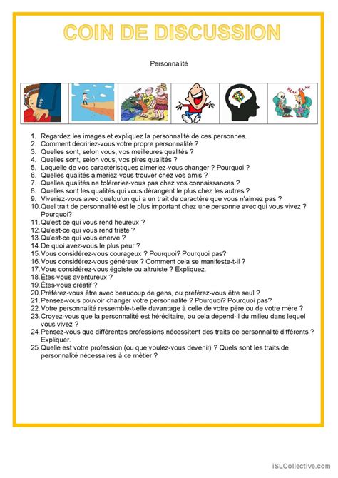 Coin de discussion Personnalité do Français FLE fiches pedagogiques