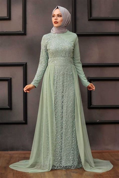 Neva Style Tesettürlü Abiye Elbise Pul Payetli Mint Tesettür Abiye