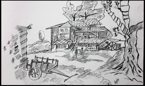 Pencil Sketch Of Village Scenery