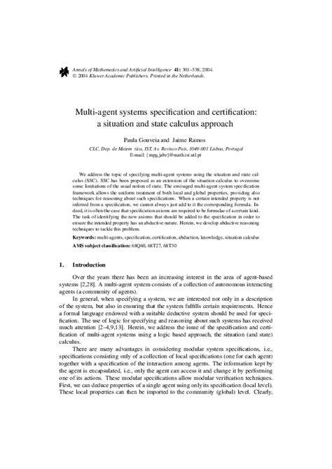 pdf multi agent systems specification and certification a situation and state calculus