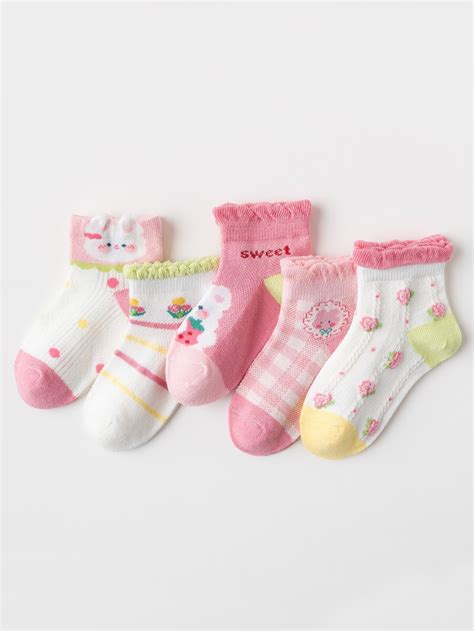 garotas 5 pares Meias de tripulação coelho estampa floral Kids