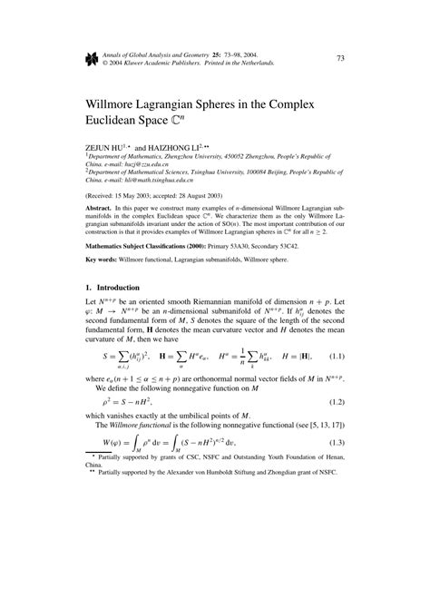 pdf willmore lagrangian spheres in the complex euclidean space cn
