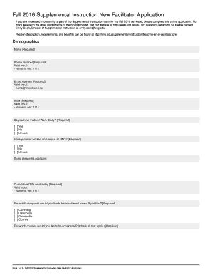 Fillable Online Fall 2016 Supplemental Instruction New Facilitator