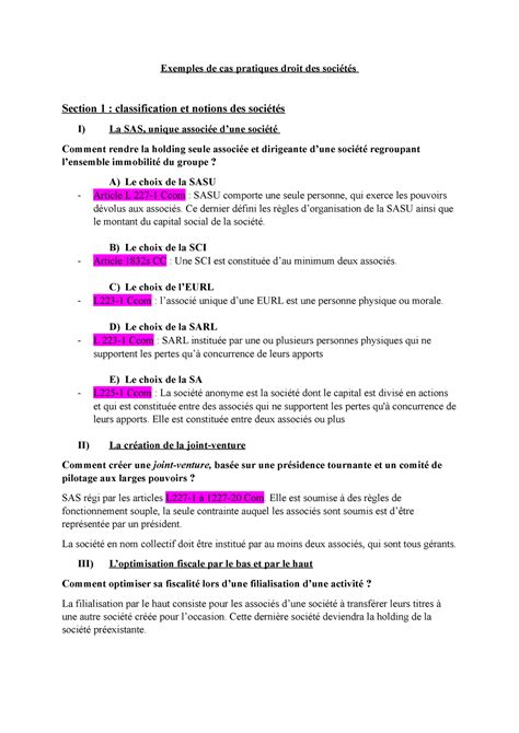 Exemples De Cas Pratiques Droit Des Soci T S Exemples De Cas