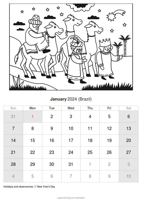 Calendário Janeiro 2024 para imprimir Brasil