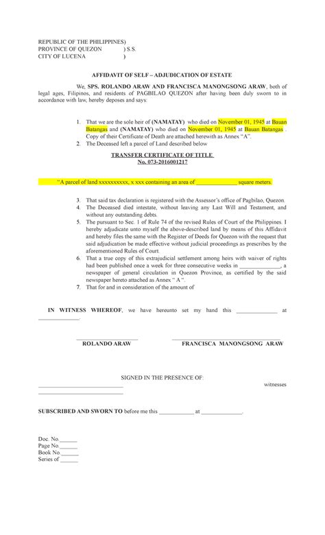 Affidavit Of Self Adjudication With Sale Republic Of The Philippines