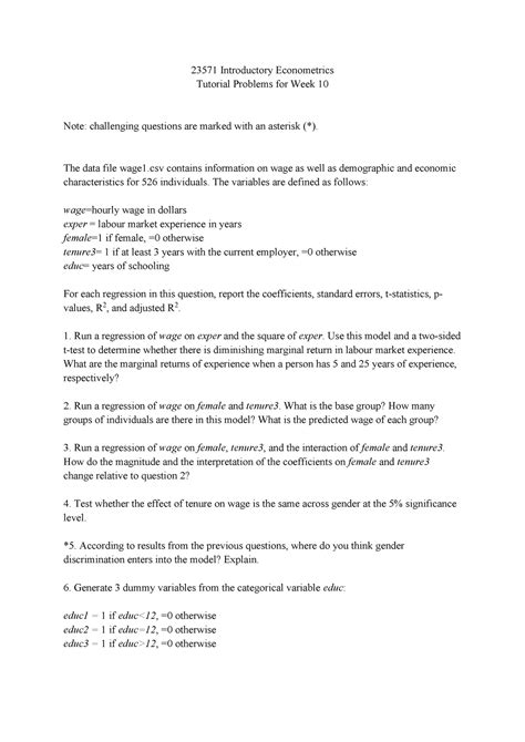 tutorial problems week 10 23571 introductory econometrics tutorial problems for week 10 note