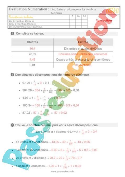 Evaluation et bilan pour le Cm1 sur lire écrire et décomposer les