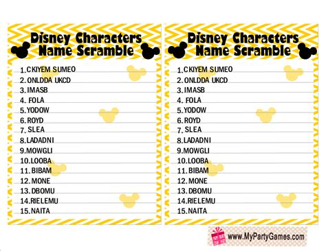 Free Printable Famous Disney Characters Name Scramble Puzzle