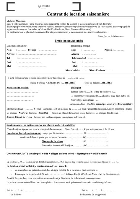 Modelé de contrat de location saisonnière DOC PDF page 1 sur 5