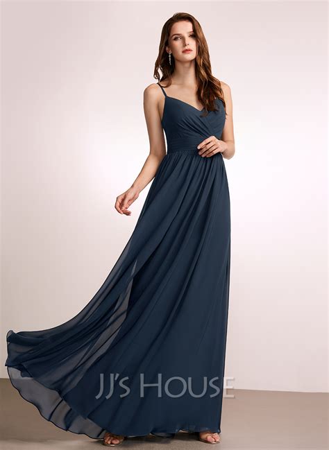 A Line V Neck Floor Length Chiffon Bridesmaid Dress With Lace