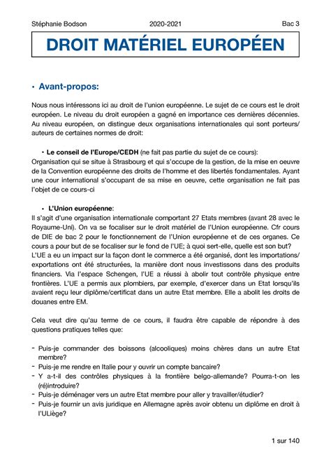 Droit matériel européen notes de cours 2020 2021 Droit matériel