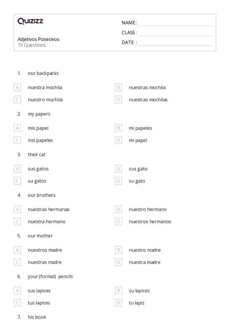 50 Posesivos Plurales Hojas De Trabajo Para Grado 8 En Quizizz