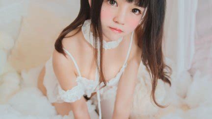 Women Model Asian Long Hair Dark Hair White Lingerie Twintails