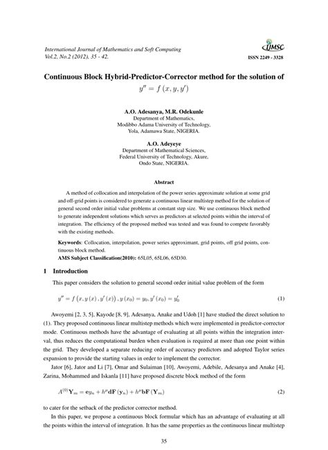 pdf continuous block hybrid predictor corrector method for the solution of y f x y y
