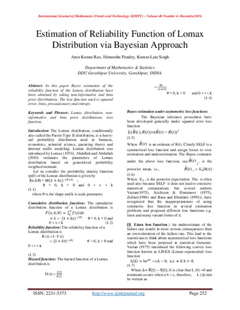 pdf estimation of reliability function of lomax distribution via bayesian approach arun